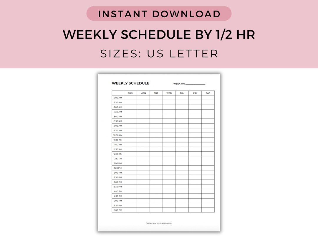 Half Hour Weekly Schedule, Weekly Planner Printable, Week at a Glance ...