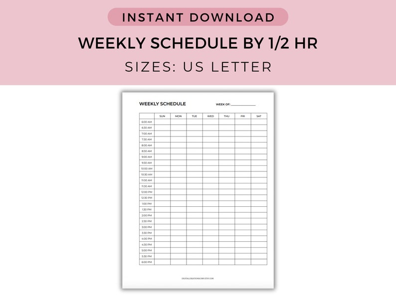 Half Hour Weekly Schedule, Weekly Planner Printable, Week at a Glance ...