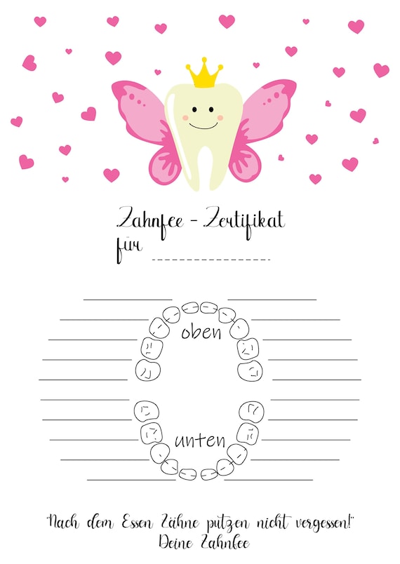 Zahnfee Zertifikat Zahnkalender Poster DIN A4 Zum Ausfüllen - Etsy Canada