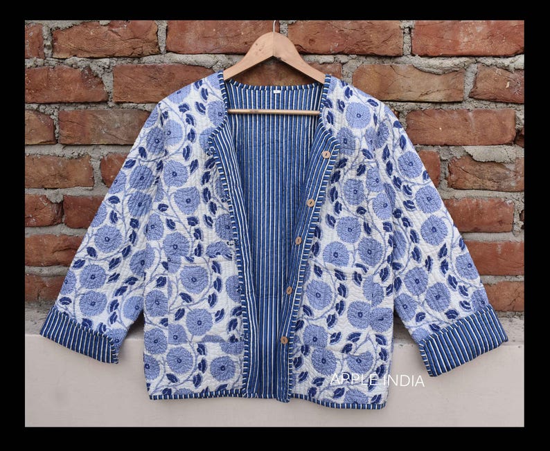 White Cotton Quilted Women Reversible Fashion Jacket Coat Floral Kantha ...