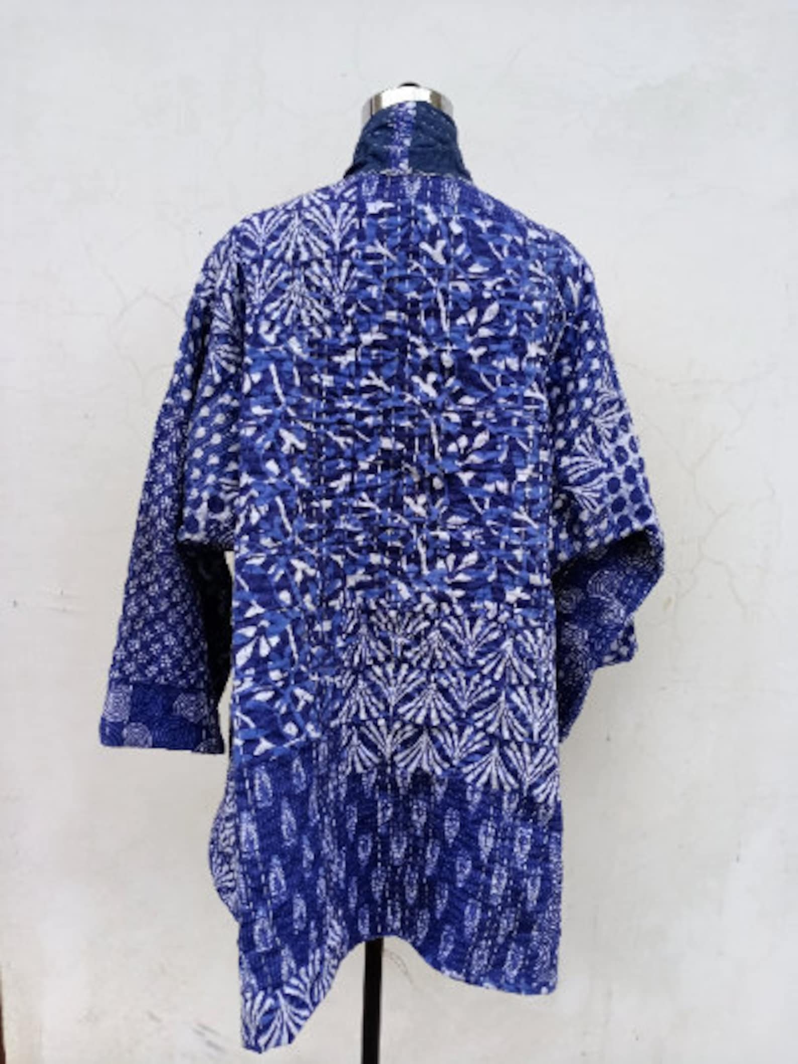 Handmade Indigo Patchwork Kantha Quilt Jacket Handblock Print Mid ...
