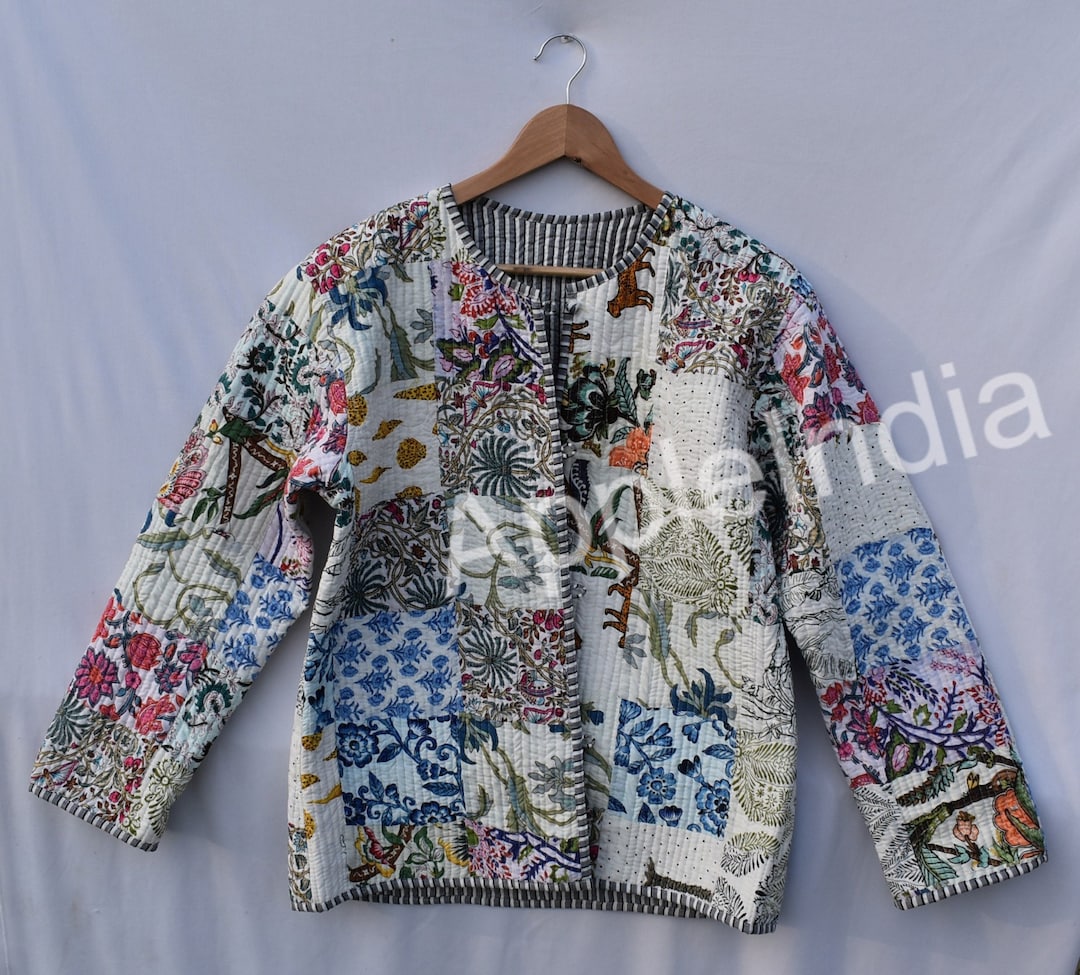 Patchwork Flower Quilted Jacket,vintage Reversible Cotton Hand Block ...