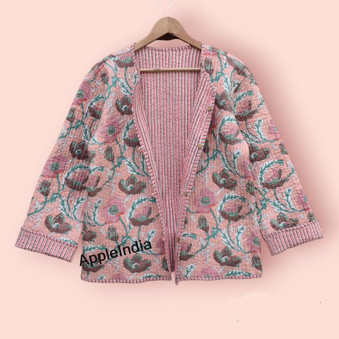 Pink Cotton Quilted Women Reversible Fashion Jacket Coat Floral Kantha ...