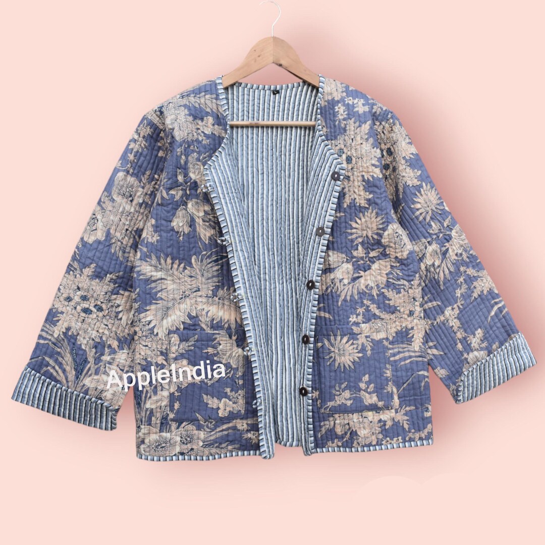 Flower Quilted Jacket,vintage Reversible Cotton Jacket,hand Block Print Jacket,two in One Jacket ...