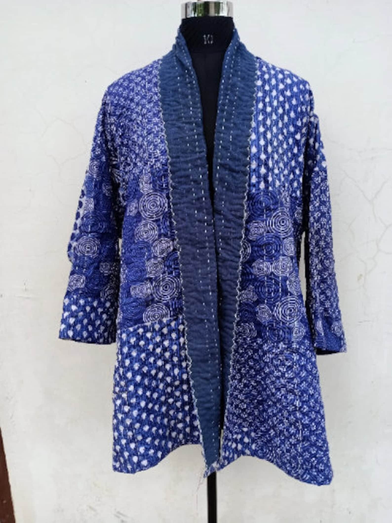 Handmade Indigo Patchwork Kantha Quilt Jacket Handblock Print Mid ...
