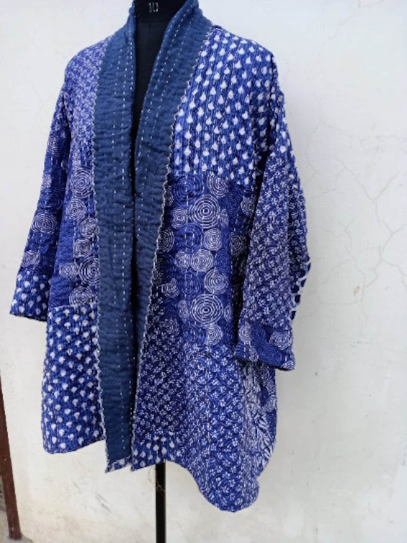 Handmade Indigo Patchwork Kantha Quilt Jacket Handblock Print Mid ...