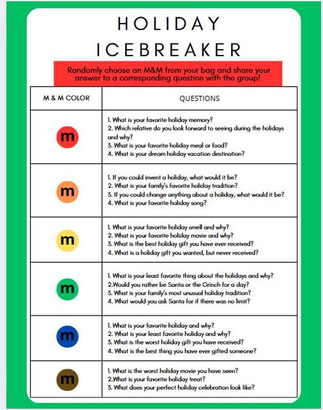 HOLIDAY Candy Icebreaker Activity for Classroom or Team Building 100% ...