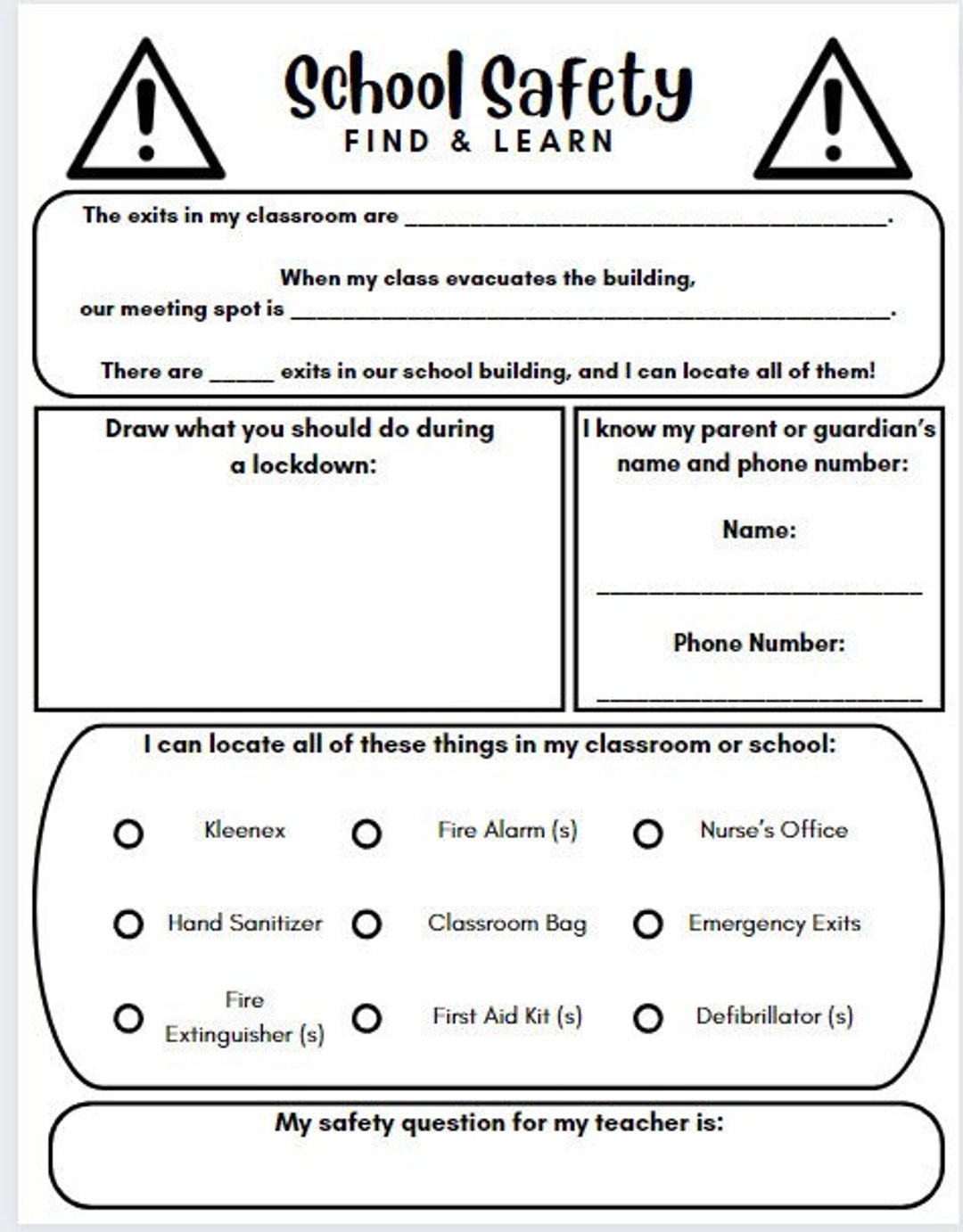 School Safety Find & Learn Worksheet for Classroom and School 100% ...