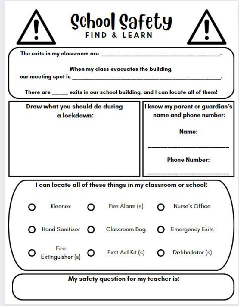 School Safety Find & Learn Worksheet for Classroom and School 100% ...