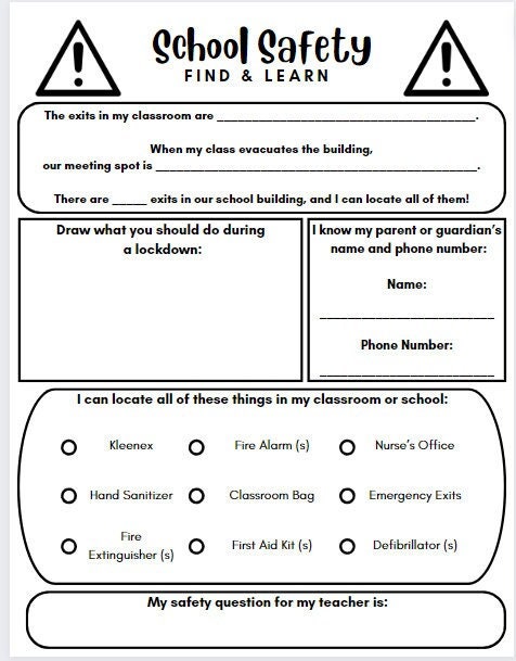 School Safety Find & Learn Worksheet for Classroom and School 100% ...