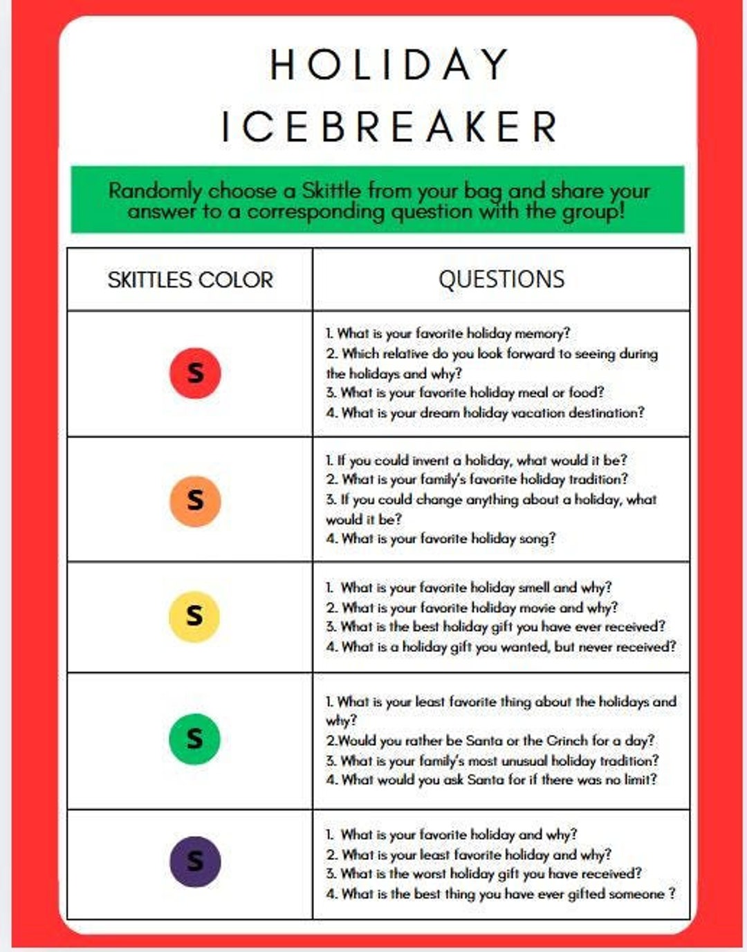 HOLIDAY Candy Icebreaker Activity for Classroom or Team Building 100% ...