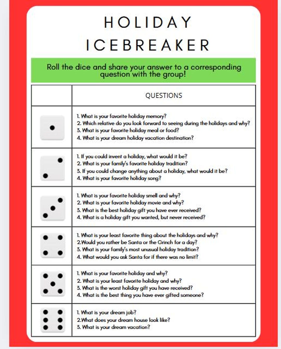HOLIDAY Dice Icebreaker Activity for Classroom or Team Building 100% ...