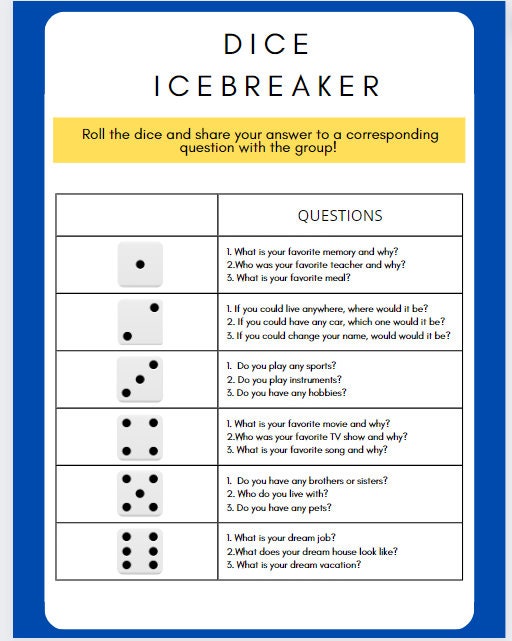 Dice Icebreaker Activity Canva 100% Customizable Template for Classroom ...