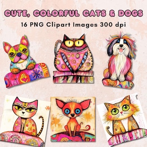 Quirky Cats Dogs Clipart Cute Whimsical Pit Bull Pets Digital PNG ...