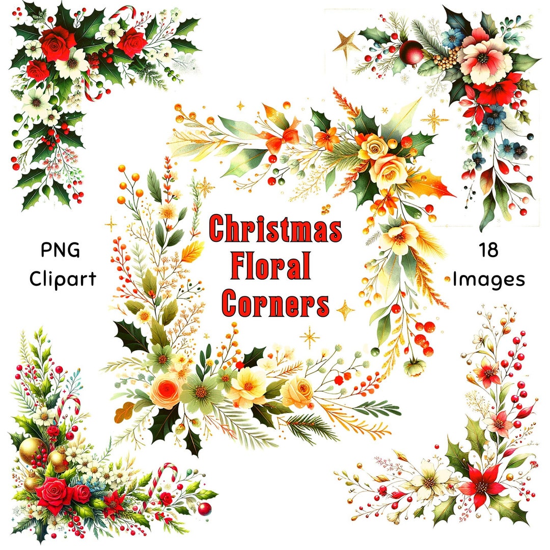 Christmas Floral Corner Clipart: Watercolor Flower PNG Graphics ...