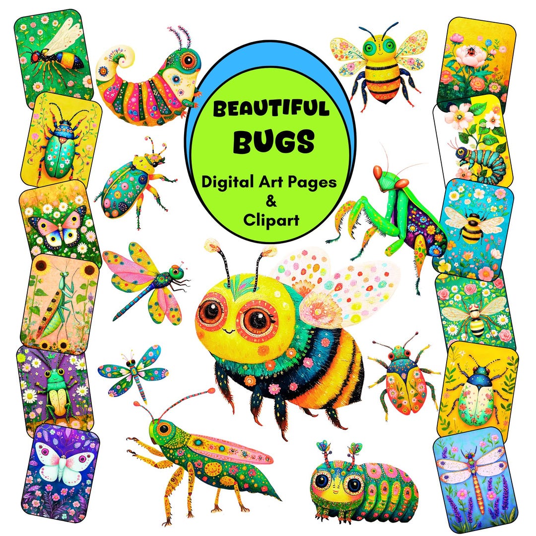 Whimsical Bugs Clipart: Colorful Insect Art, Digital Paper (PNG, JPG ...