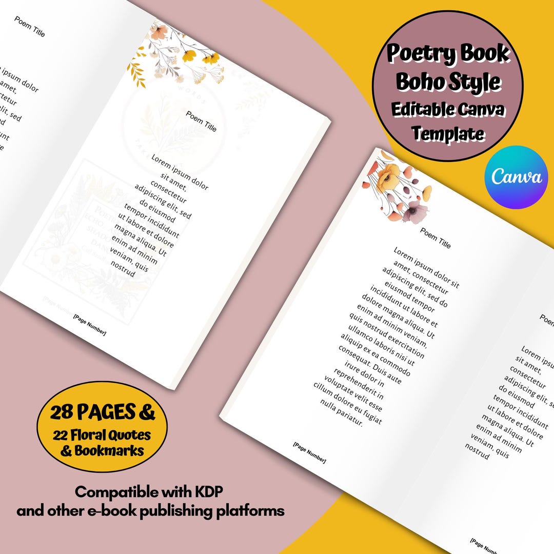 Poetry Book Template KDP Template 5x8 Boho Floral Book Interior Canva ...