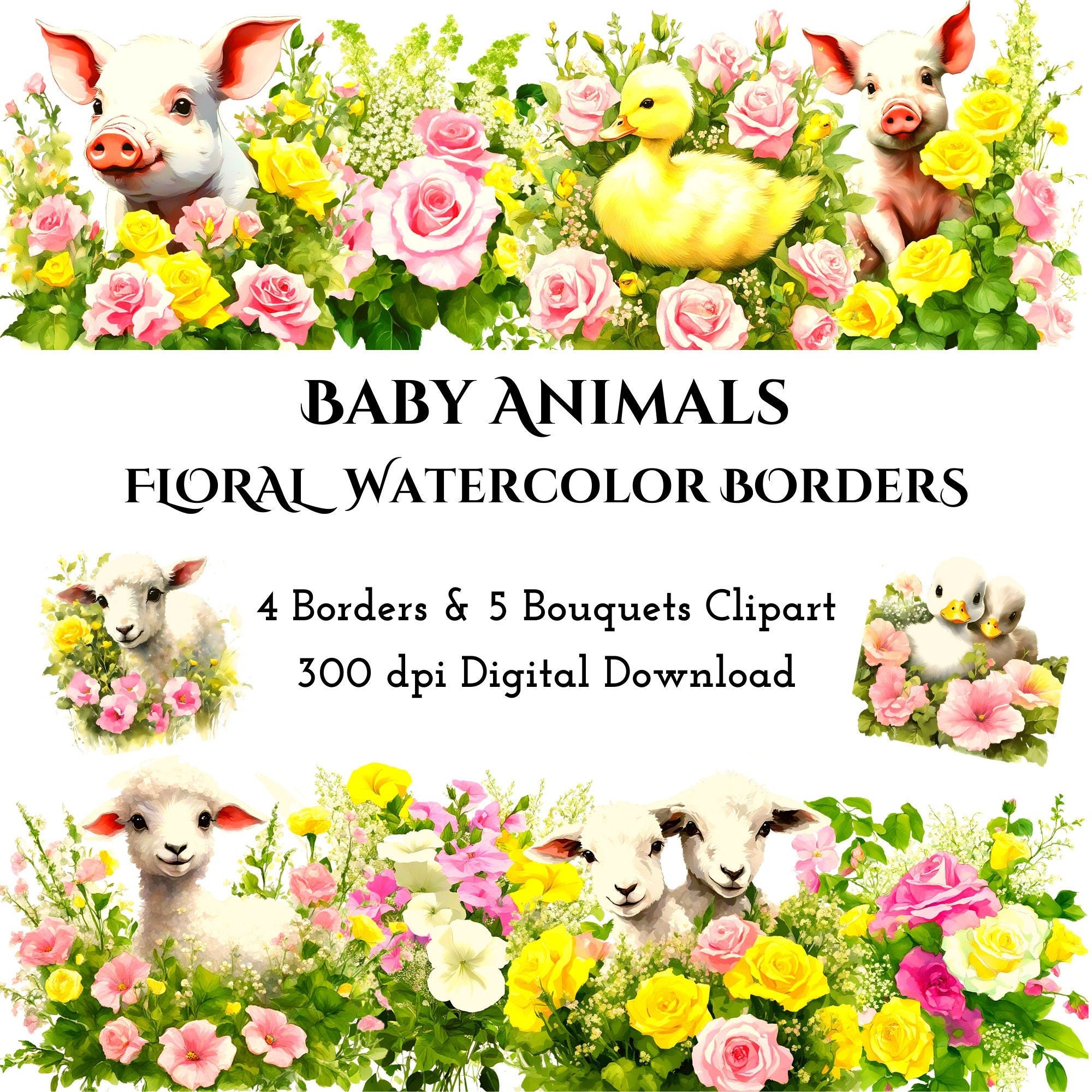 Easter Baby Animal Clipart Floral Border Watercolor Clipart Baby Shower ...