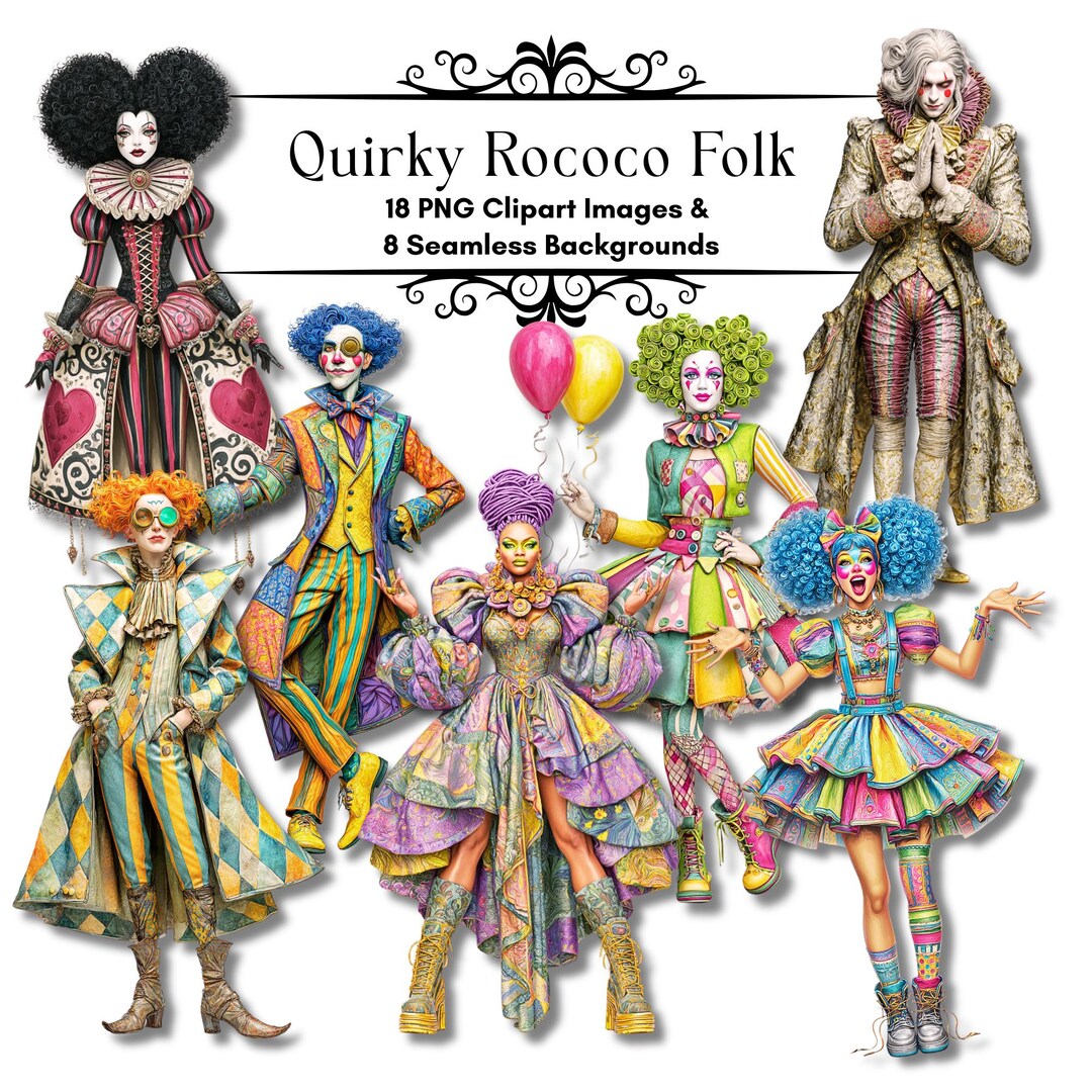 Rococo Clipart: Whimsical People, Seamless Backgrounds (PNG, JPG ...