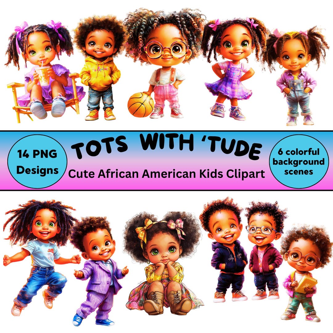 Cute Black Kids Clipart African American Boys Girls Toddlers Whimsical ...