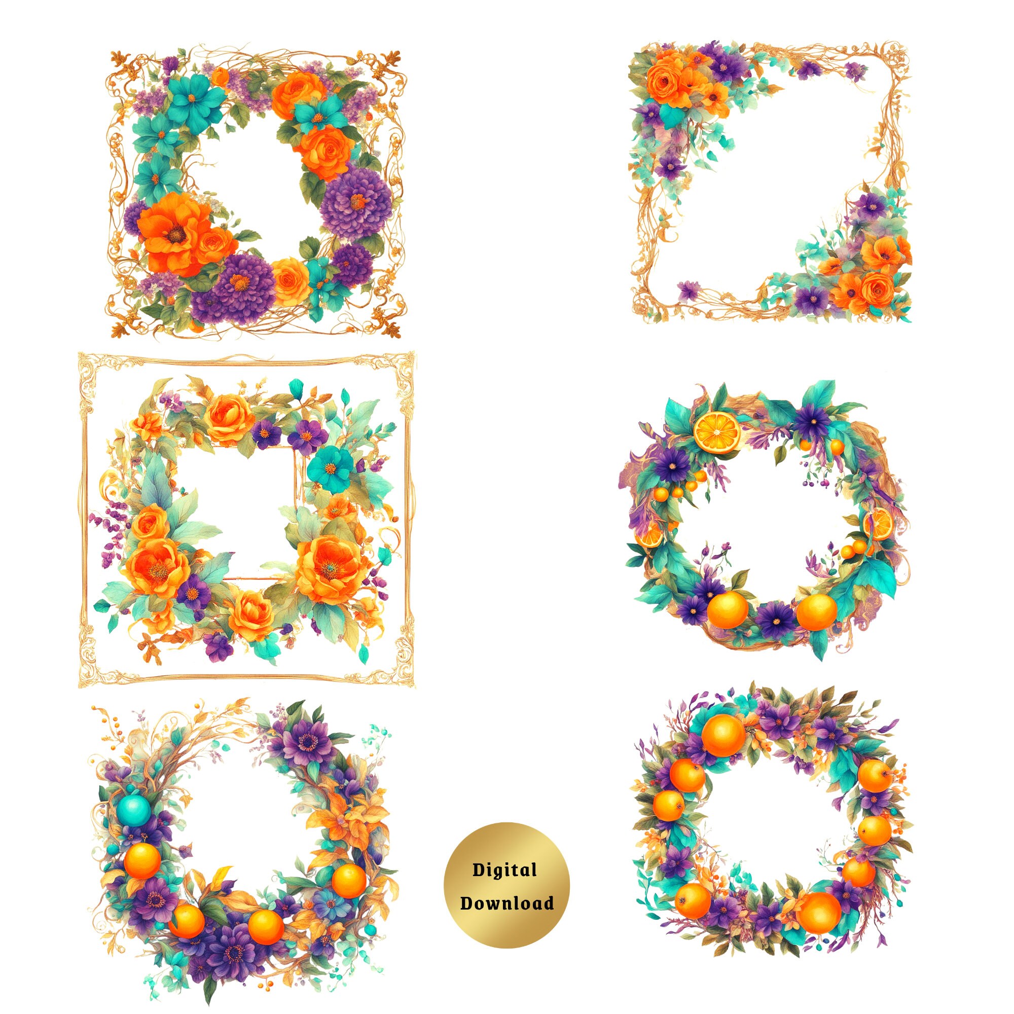 Autumn Wreath Frames Clipart Watercolor Flowers Turquoise - Etsy