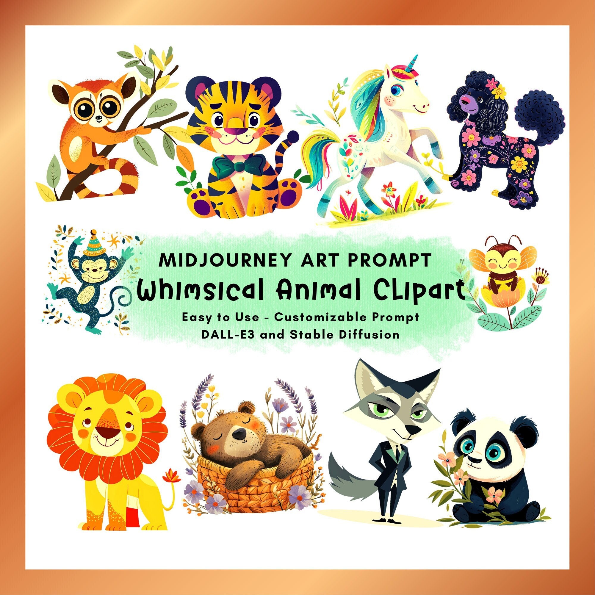 Midjourney Prompts Whimsical Animals 100 Clipart Cartoon Art Prompt ...