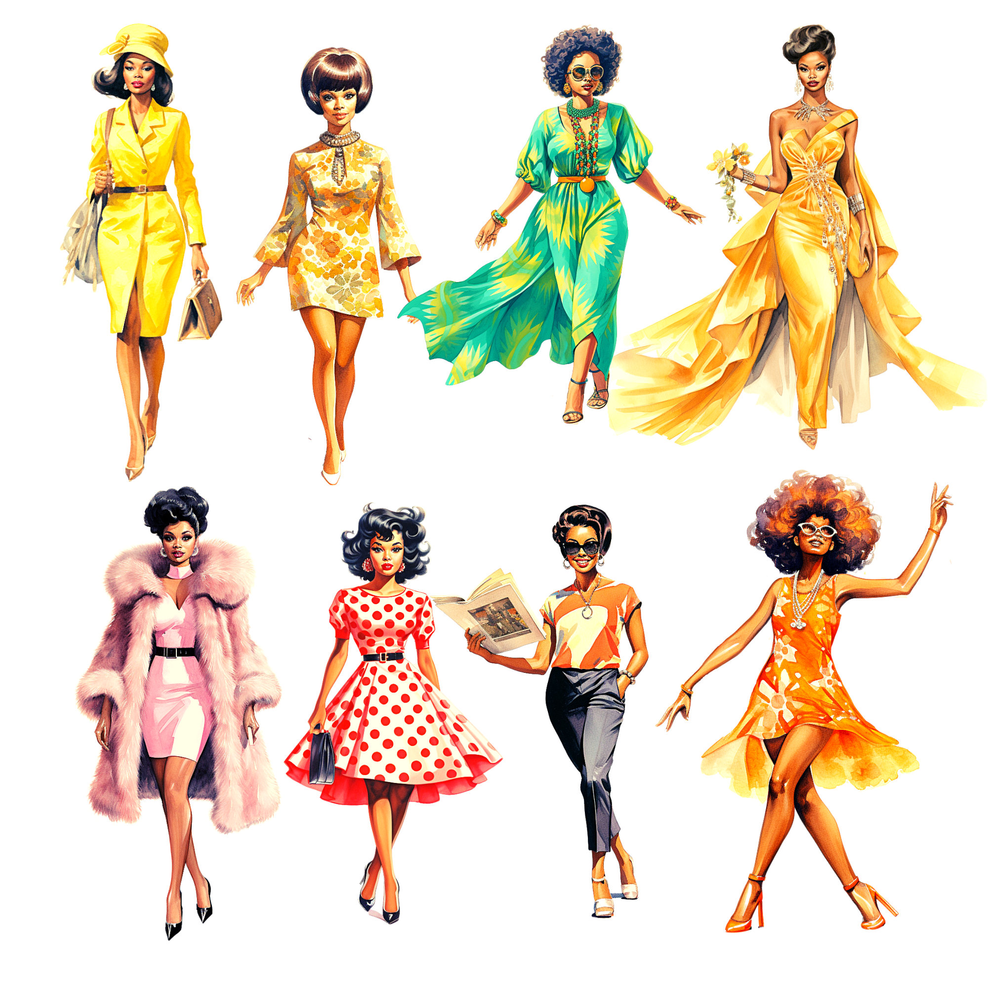 1960s Fashion Clipart: Retro African American Women PNG (digital ...