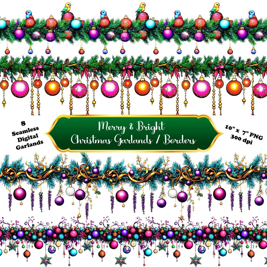 Whimsical Christmas Garlands: Seamless Holiday Borders (digital ...