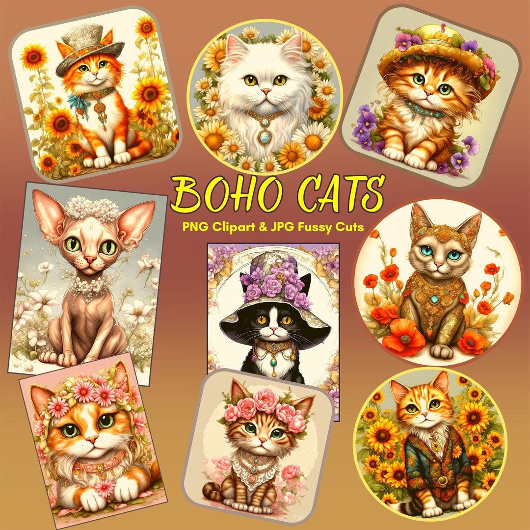 Boho Cats Kittens Clipart PNG JPG Printable Fussy Cuts Sublimation ...