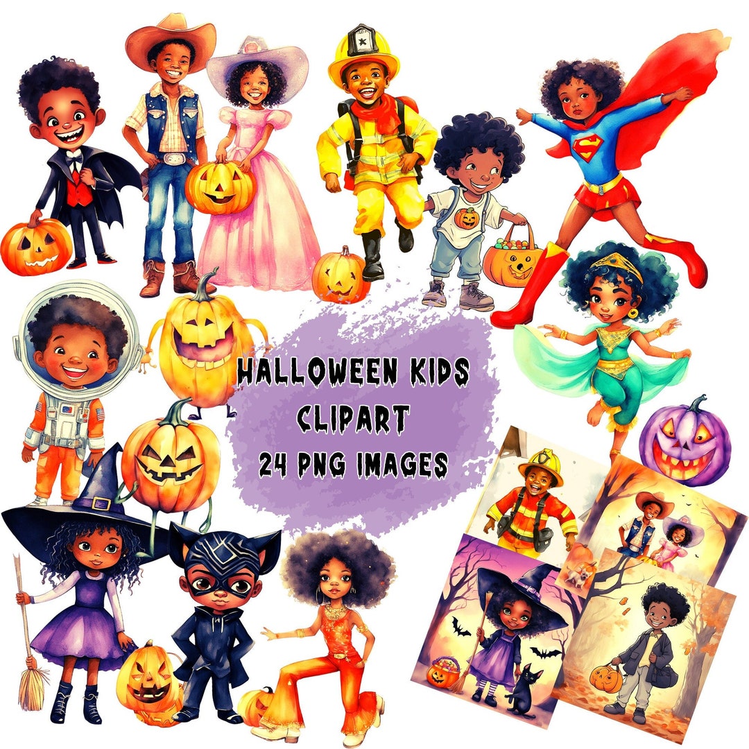 Black Kids Halloween Clipart Watercolor African American Children Scary ...