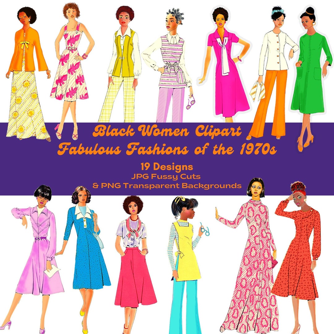 Black Woman Clipart 1970s Fashion PNG Transparent Printable Fussy Cuts ...