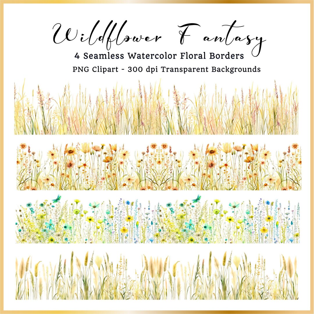 Wildflower Boho Borders Clipart Floral Watercolor Seamless Borders ...