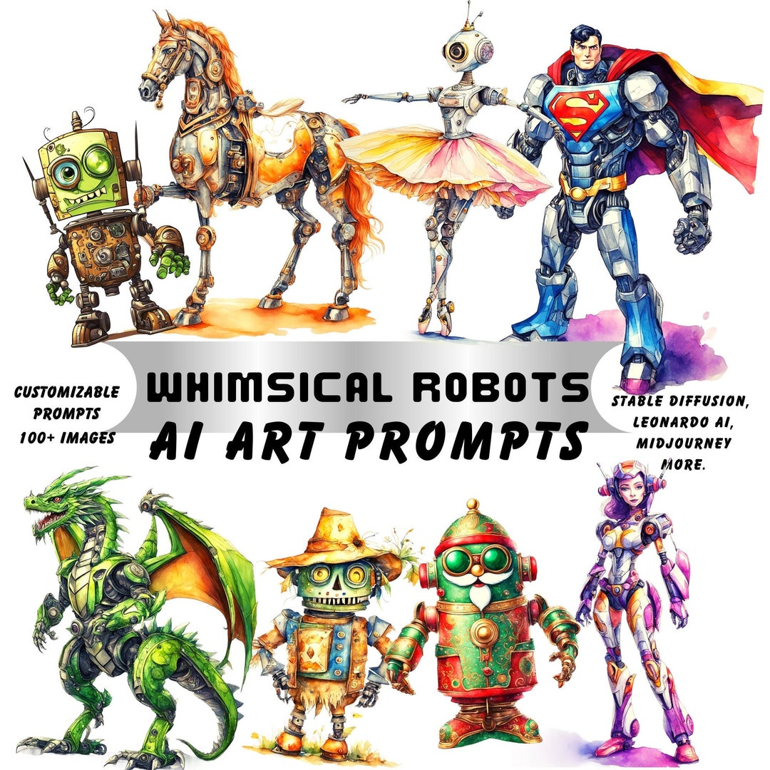 100 AI Art Prompts Whimsical Robots Customizable Prompt Watercolor Free ...