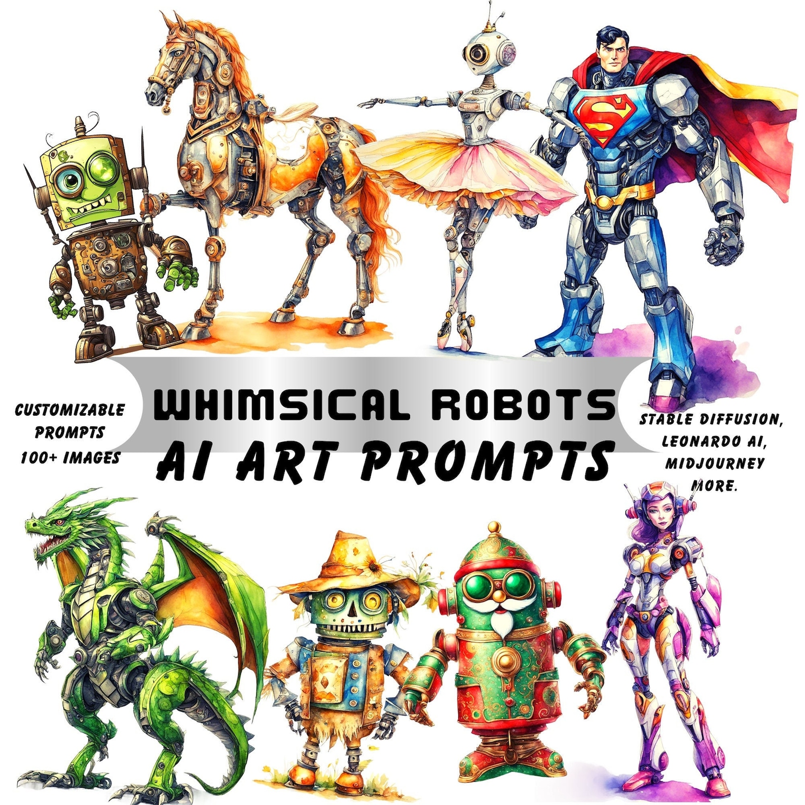 100 AI Art Prompts Whimsical Robots Customizable Prompt Watercolor Free ...