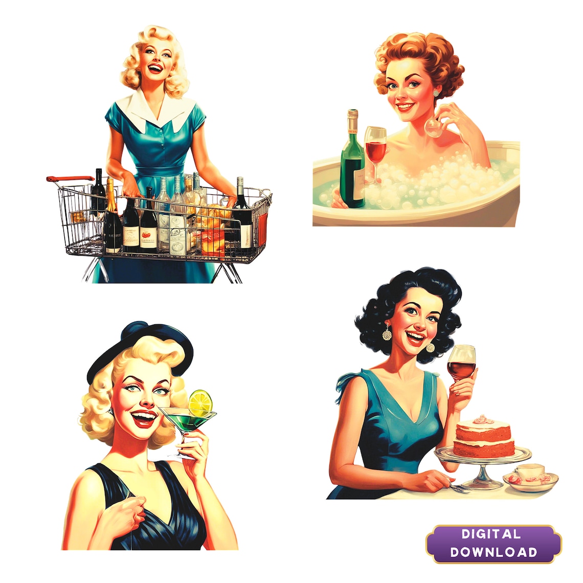 Retro 50s Housewife Clipart: Wine O'clock PNG Images (digital Download ...