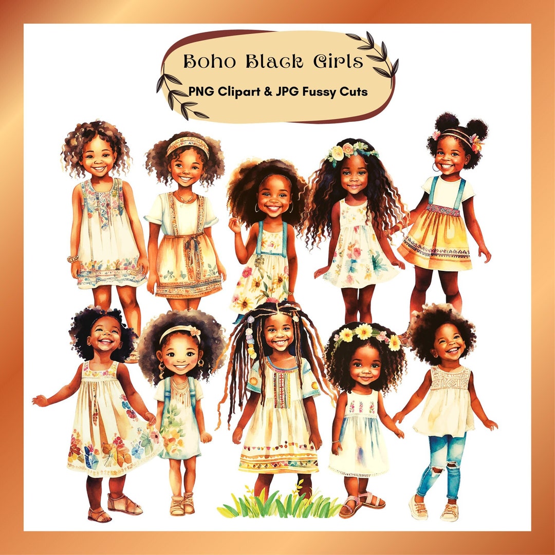 Boho Black Girls Clipart, African American Kids (PNG, JPG Digital ...