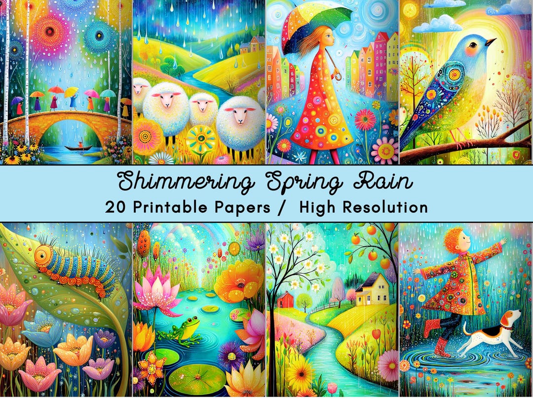 Spring Rain Printable Papers, Whimsical Floral Art, 20 JPG Bright Pages ...