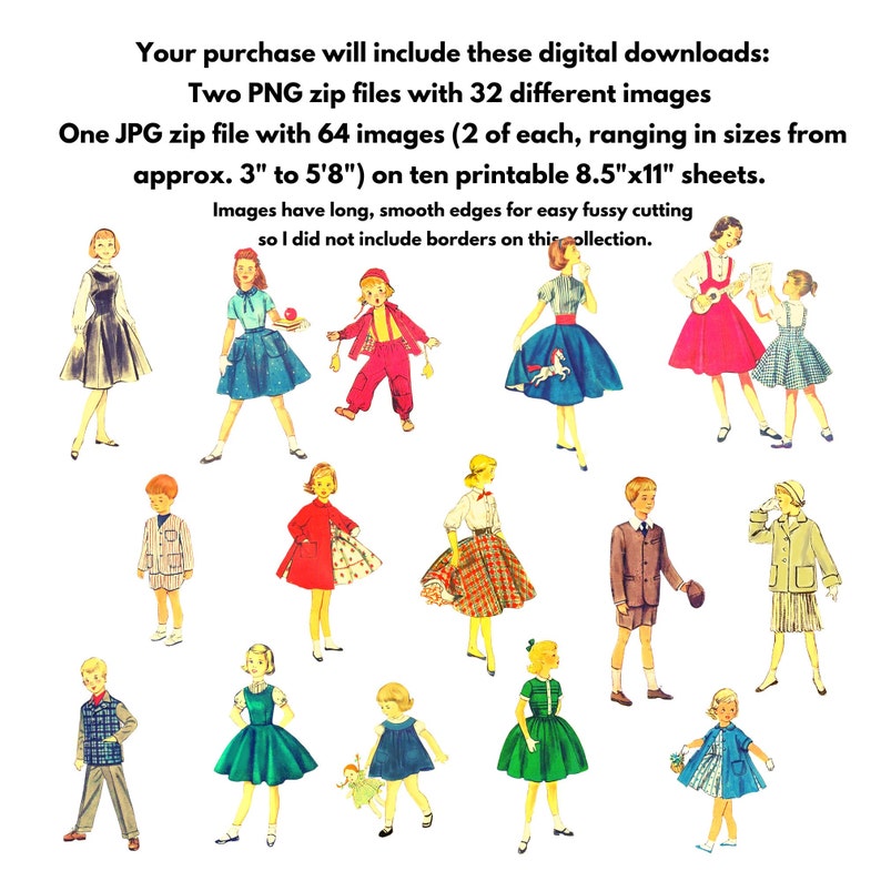 1950s Kids Fashion Vintage Clipart Fussy Cuts 50s Retro Children ...