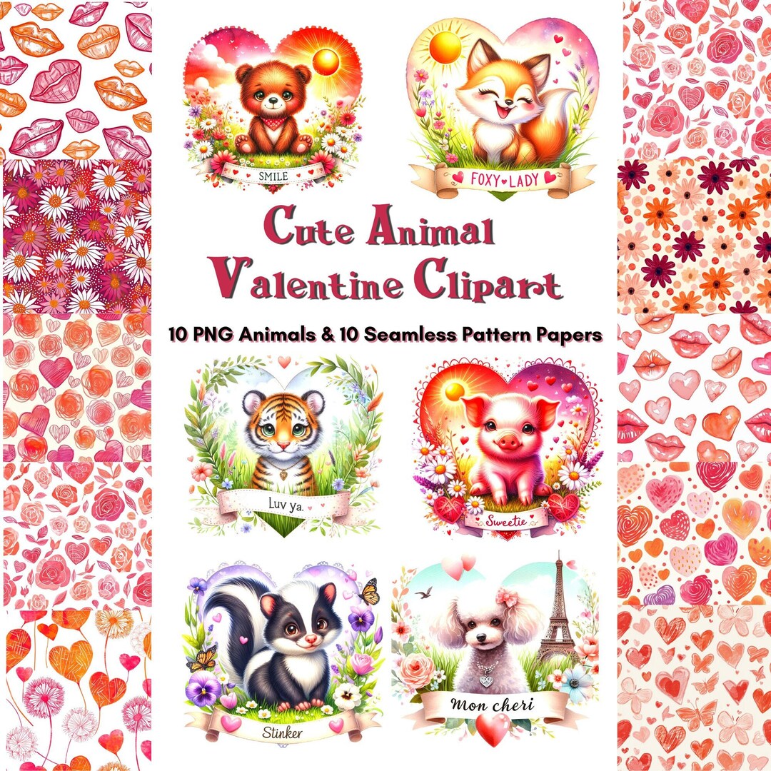 Cute Animal Valentines Day Clipart Seamless Digital Paper Printable ...