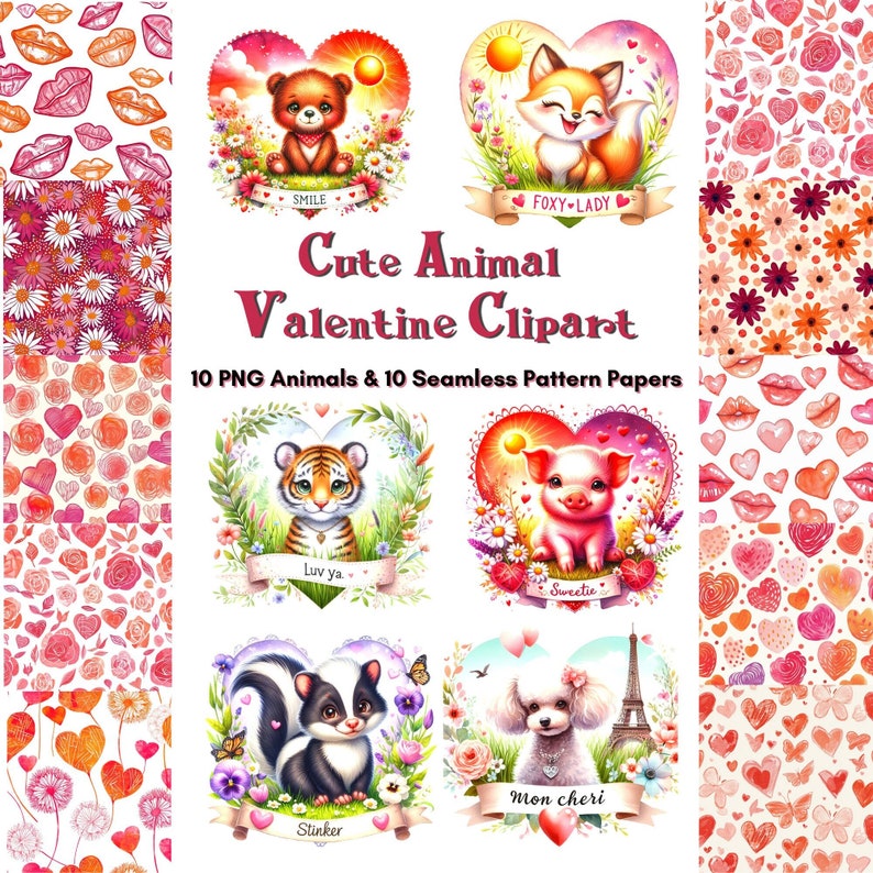 Animal Valentine Clipart: Baby Animals, Hearts, Flowers (PNG, JPG ...