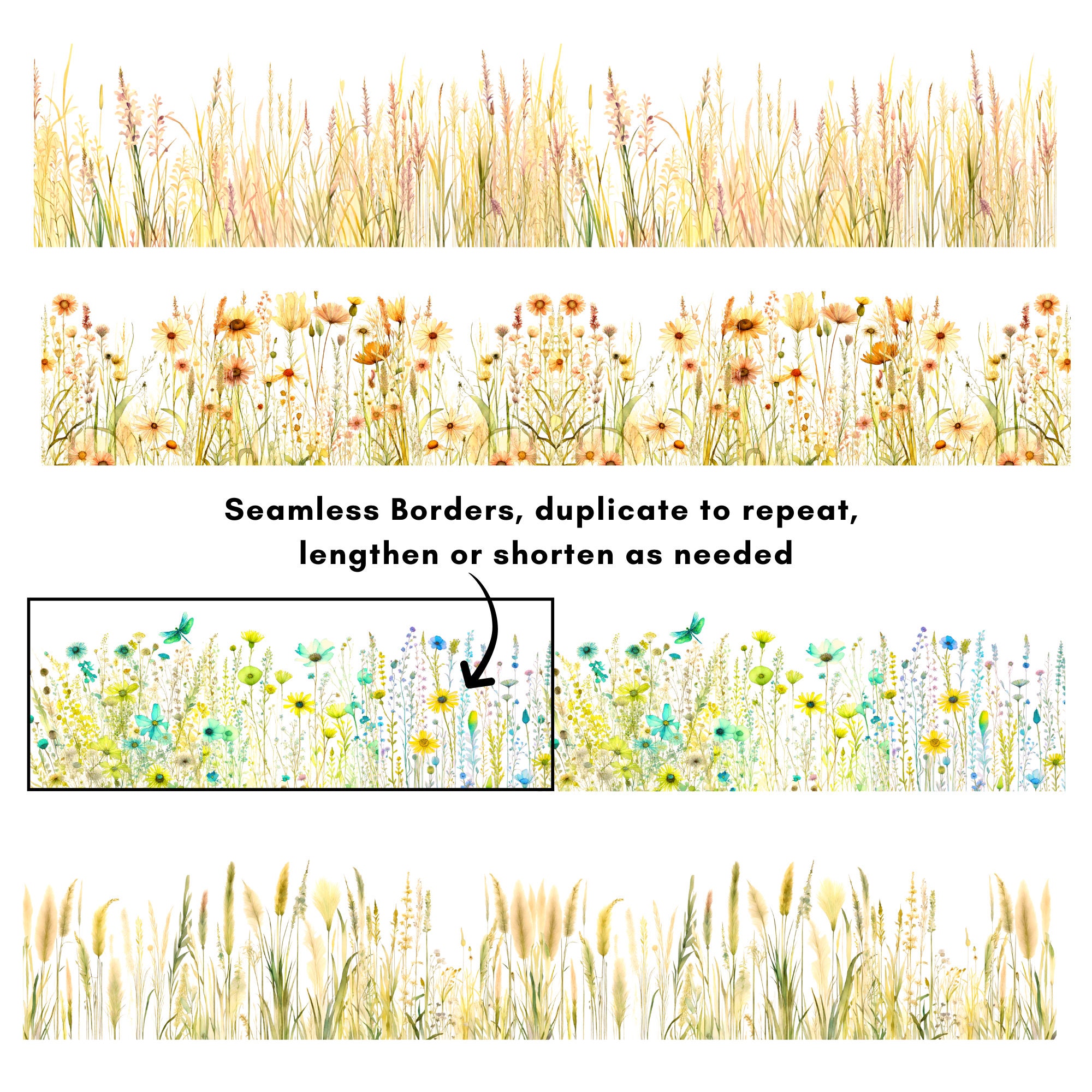 Wildflower Boho Borders Clipart Floral Watercolor Seamless - Etsy