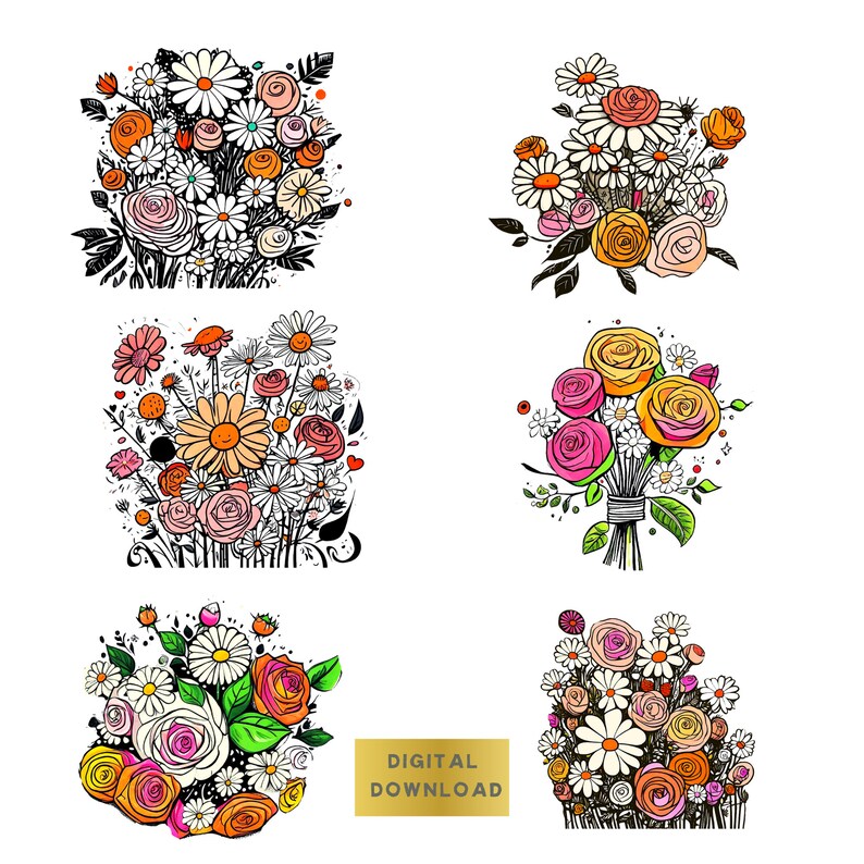 Floral Whimsical Watercolor Clipart Pink Orange Doodle Flowers Seamless ...