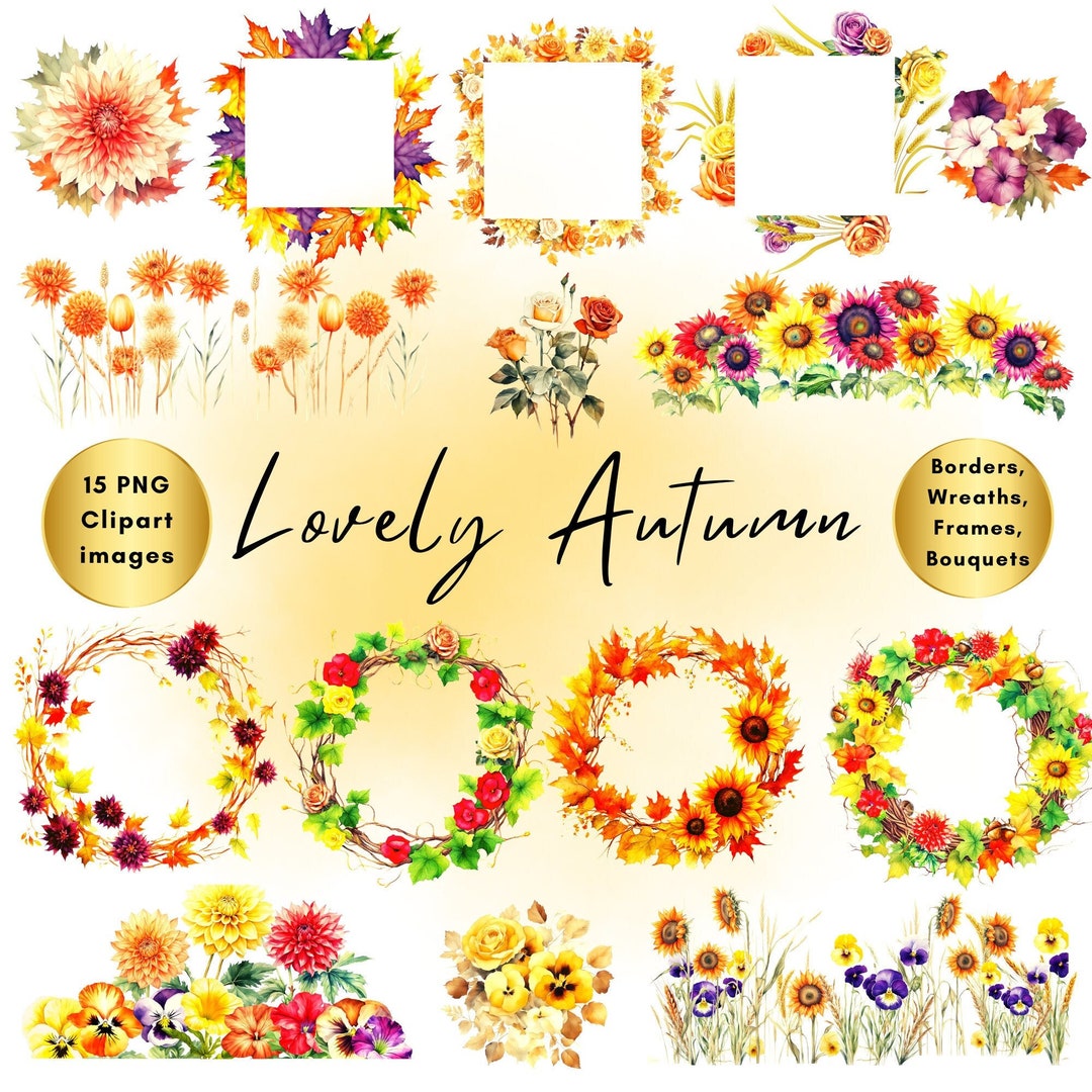 Autumn Flowers Watercolor Fall Floral Clipart Border Bouquet Wreaths ...