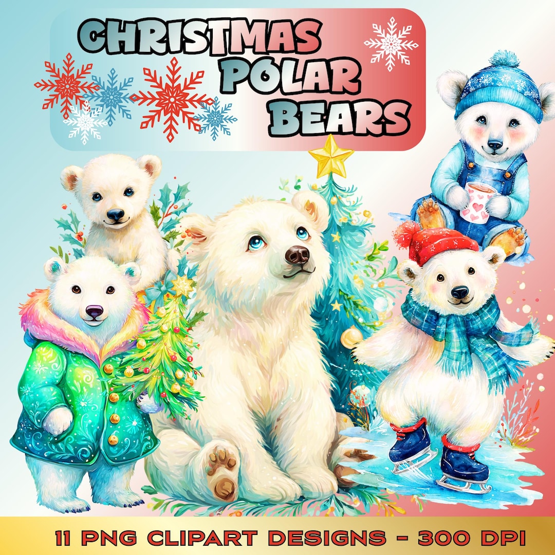 Polar Bear Christmas Clipart: Whimsical Bears Holiday PNG Instant ...