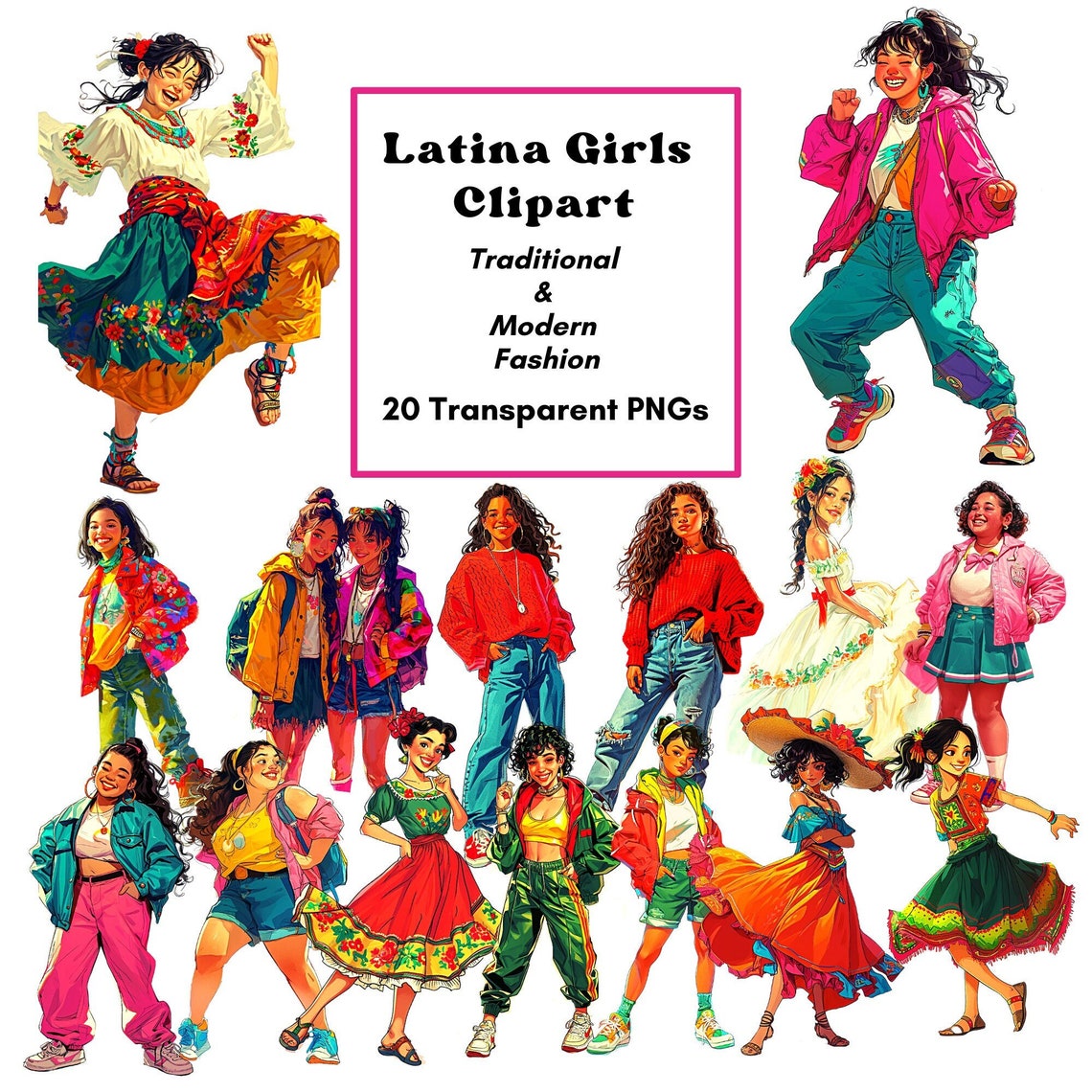 Latina Girls Clipart Cute Hispanic Girl PNG Vintage and Urban Fashion ...