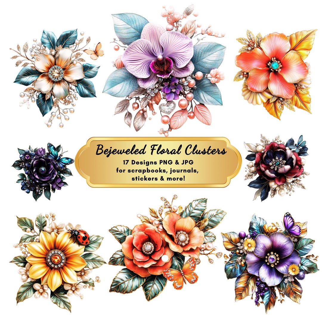 Floral Jewel Clusters: Scrapbook Embellishments (PNG JPG Digital ...