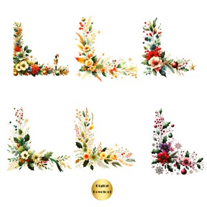 Christmas Floral Corner Clipart: Watercolor Flower PNG Graphics ...