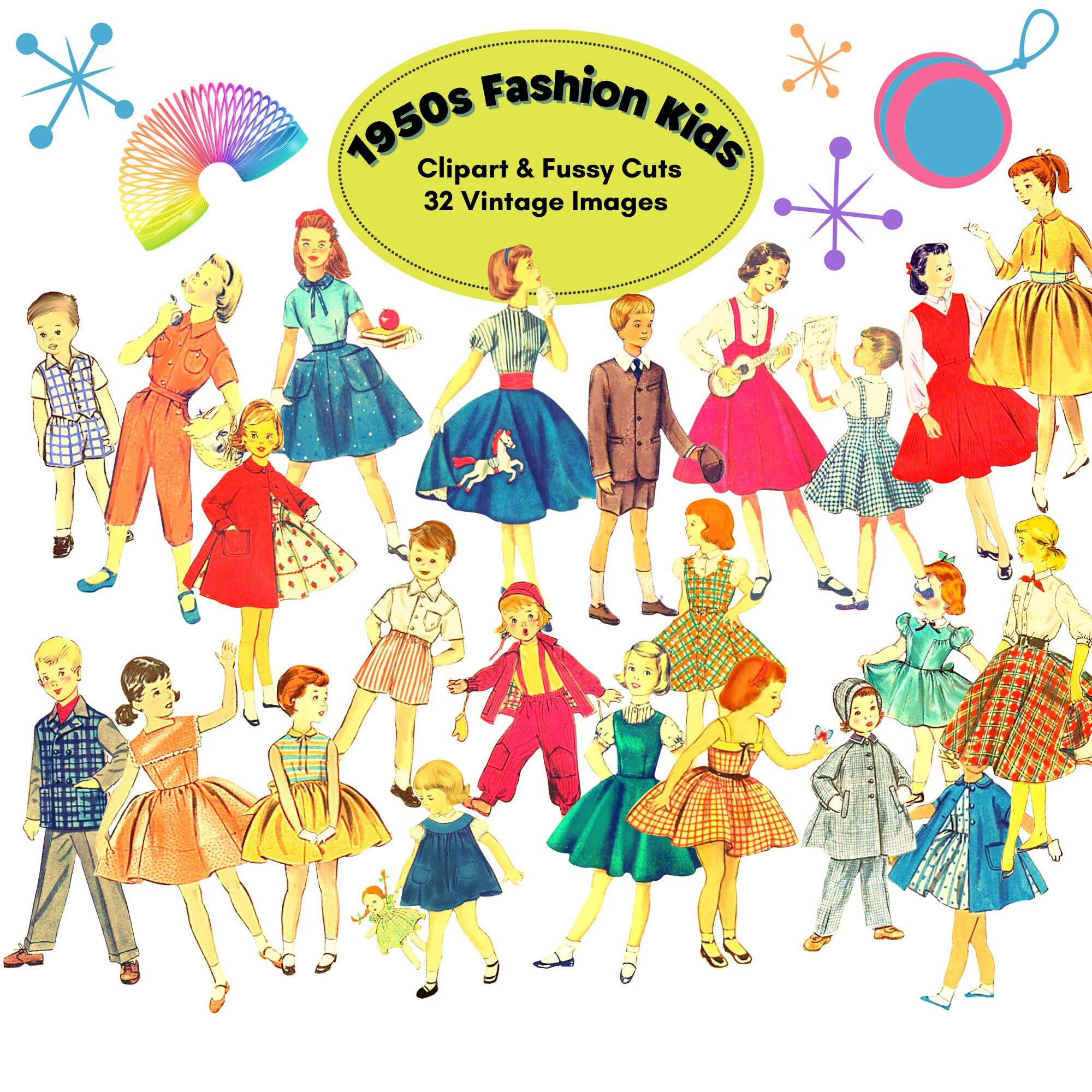 1950s Kids Fashion Vintage Clipart Fussy Cuts 50s Retro Children ...