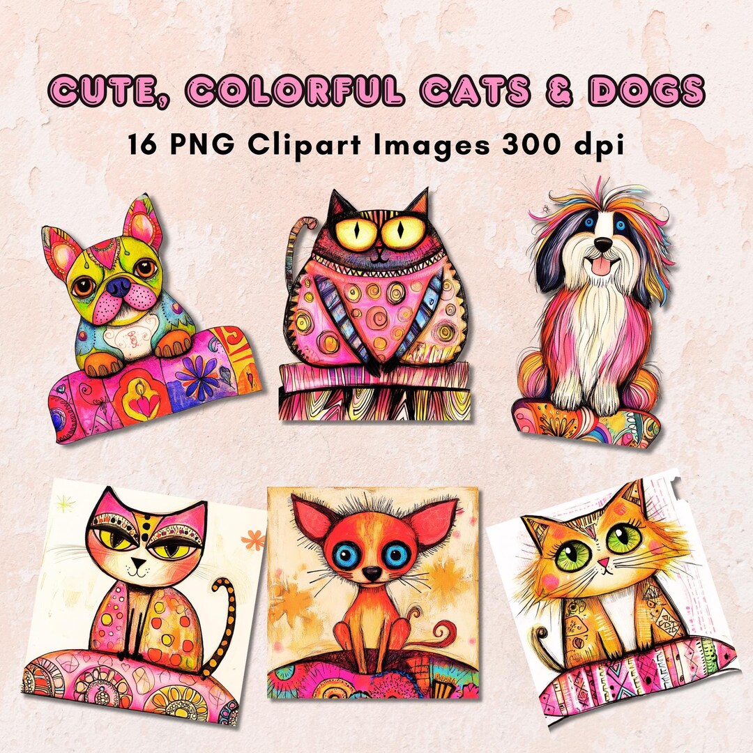 Quirky Cats Dogs Clipart Cute Whimsical Pit Bull Pets Digital PNG ...