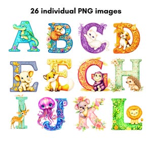 Baby Animal Alphabet Watercolor Clipart Animals A to Z Whimsical ...